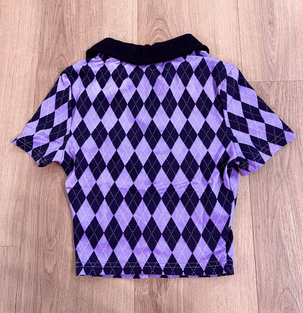 Shein - Sexy Damen Lila Schwarzes Rauten Crop T-Shirt mit Kragen Schulmädchen Y2K E-Girl XS ...
